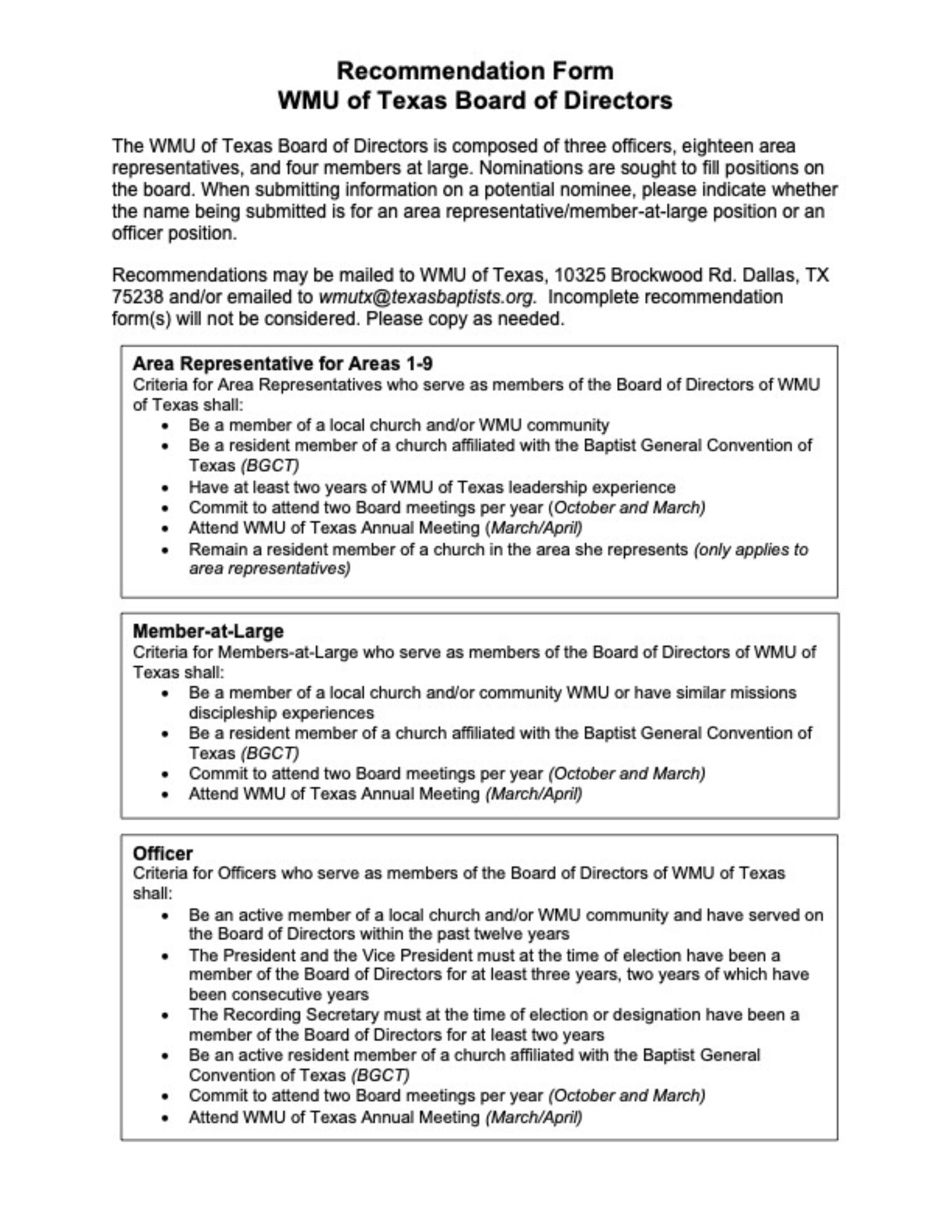 WMU of Texas | BOD Recommendation Form